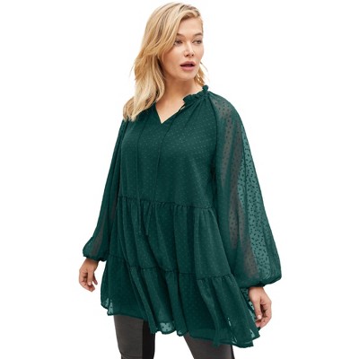 Ellos Women's Plus Size Swiss Dot Tiered Tunic - 18, Deep Emerald : Target