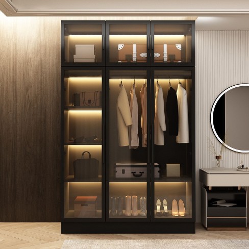 Famapy Display Cabinet Armoire Led Light Glass Door Closet Wardrobe ...