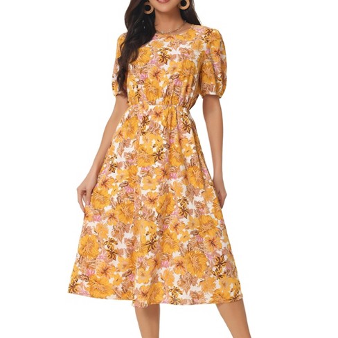 Seta T Women's Summer Casual Floral Puff Sleeve Round Neck Cutout Waist ...