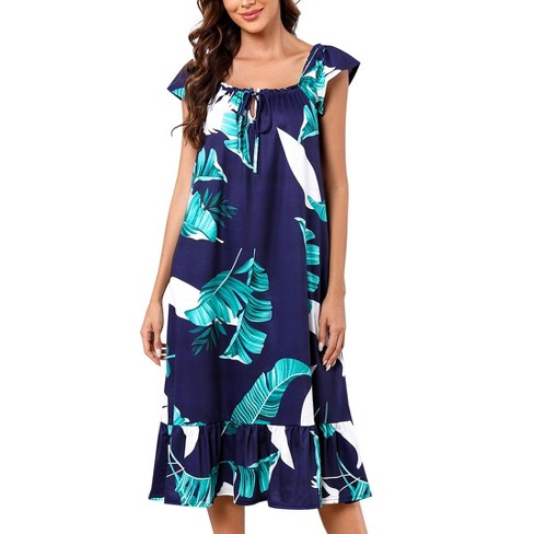 Womens Pajama Cap Sleeve Night Dress Floral Nightgowns With Ruffle Hem ...
