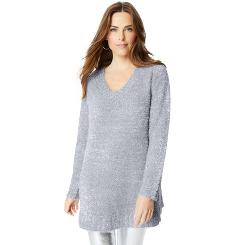 Roaman's Women's Plus Size Metallic Eyelash Sweater. - 12, Silver ...