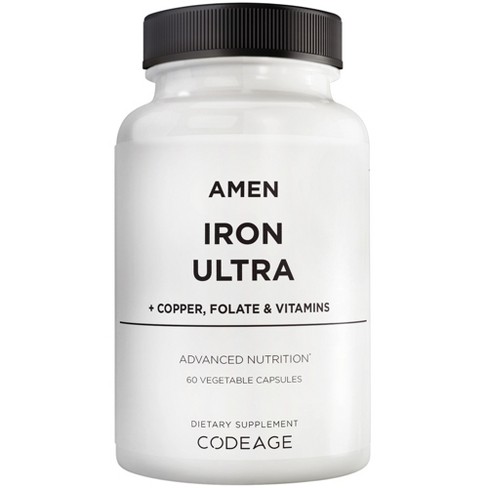 Amen Iron Ultra Supplement + Copper, Folate, Vitamin C & B12, Ferrous ...