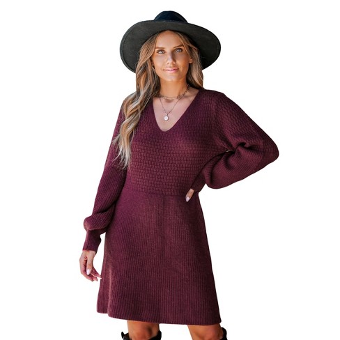 Women's Honeycomb Knit V-neck Mini Sweater Dress - Cupshe-s-red : Target