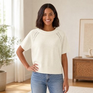 Women's Crew Neck Short Sleeve Knit Top, Eyelet Lace Trim Cropped ...