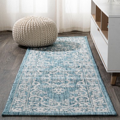 2'x10' Galon Filigree Indoor/outdoor Runner Rug, Teal/ivory - Jonathan ...