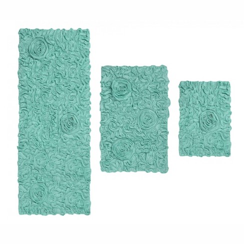 Set Of 3 Bell Flower Collection Turquoise Cotton Floral Pattern Tufted ...