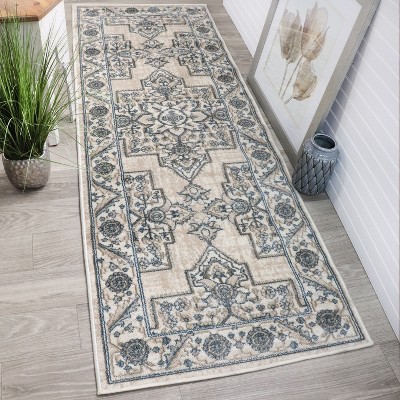 Classic Medallion Polypropylene Beige Indoor Runner Rug, 2'6"x8', Beige ...