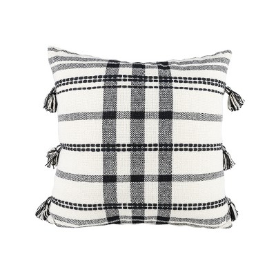 14x14 Inch Hand Woven Plaid Throw Pillow Black Cotton With Polyester ...