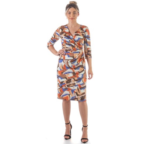 24seven Comfort Apparel Orange Faux Wrap Knee Length Cocktail Dress ...