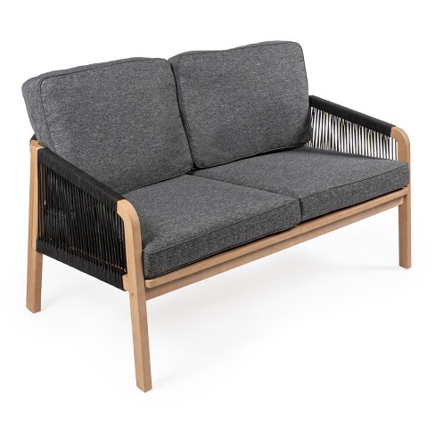 Arwen Modern Bohemian Roped Acacia Wood Outdoor Loveseat With Cushions Black light Teak Jonathan Y Target