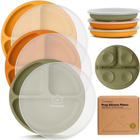 3-pack Prep Suction Plates With Lids, 100% Silicone Baby Plates With ...