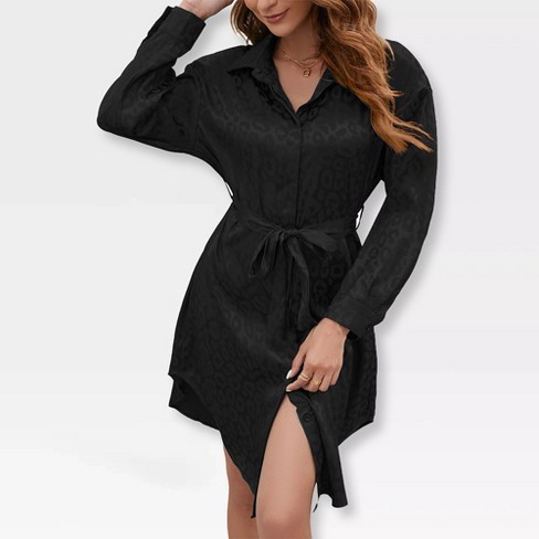 Womens Satin Leopard Long Sleeve Dress Brocade Shirt Dress Button Down ...
