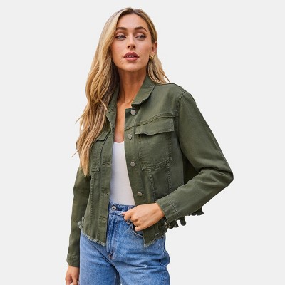 Women's Sage Green Collared Frayed Hem Denim Jacket - Cupshe-s-green ...