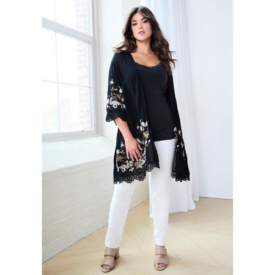 Roaman's Women's Plus Size Floral Embroidered Duster - M/l, Black ...
