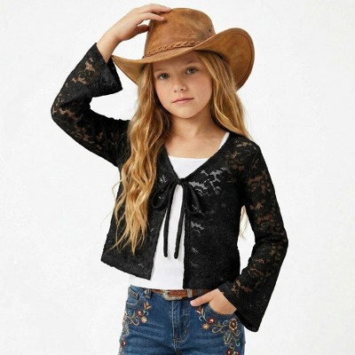 YESFASHION Girls’ Long Sleeve Floral Lace Open Front Cardigan Flare ...
