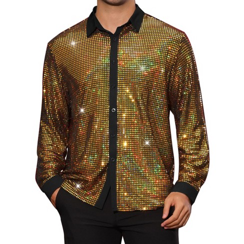 Lars Amadeus Men's Sequin Button Down Long Sleeves Disco Metallic Shiny Shirts : Target