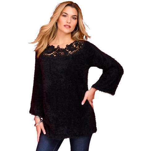 Roaman's Women's Plus Size Lace Neck Eyelash Sweater : Target