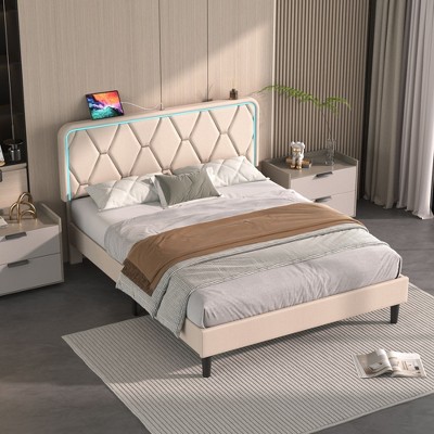 Vecelo Upholstered Queen Smart Led Bed Frame With Adjustable Beige ...