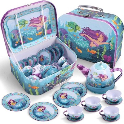 15pcs Mermaid Tea Party Set For Little Girls With Tin Tea Set + Food ...