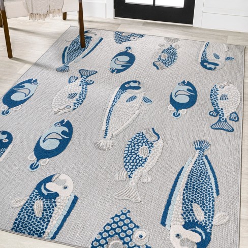 8' X 10' Nerja Coastal Fish High-low Indoor/outdoor Area Rug, Gray/navy ...