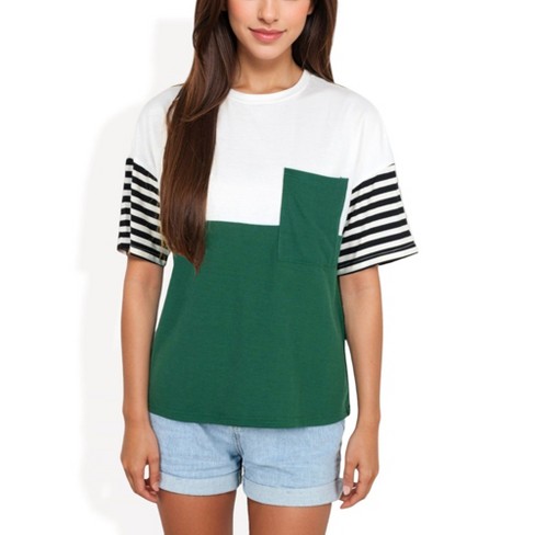 Anna-kaci Women's Color Block T-shirt With Striped Sleeves And Front ...