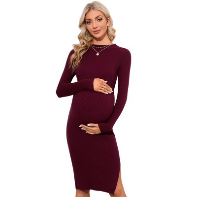 Womens Maternity Sweater Dress Bodycon Ribbed Knit Slim Fit Long Sleeve ...