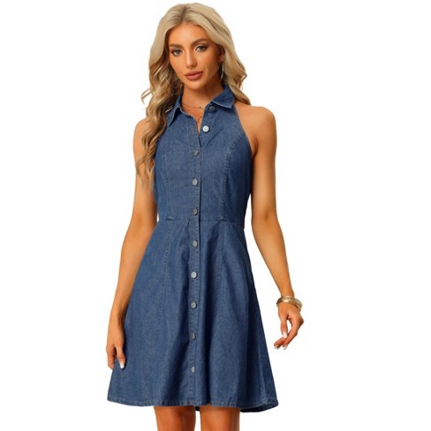 Allegra K Women's Halter Neck Button Down Shirt Denim Dresses : Target