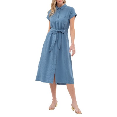 August Sky Women's Solid Point Collar Button Up Shirt Midi Dress, Dusty ...