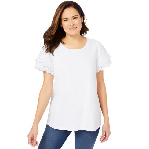 Woman Within Women's Plus Size Eyelet Ruffle Tee - M, White : Target