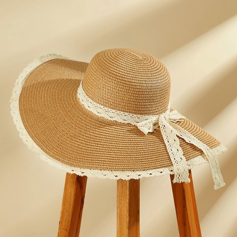 Women's Lace Trim Wide Brim Straw Sun Hat - Cupshe-one Size-brown : Target