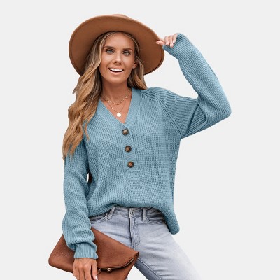 Women's Long Sleeve Honeycomb Knit Pullover Sweater-cupshe-s-blue : Target