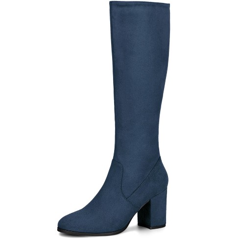 Allegra K Women's Side Zipper Padded Insole Chunky Heel Knee High Boots Navy Blue 8.5 : Target