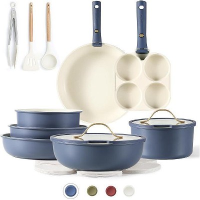 Carote 19pc Nonstick Cookware Set Detachable Handles, Golden Knob, Blue ...