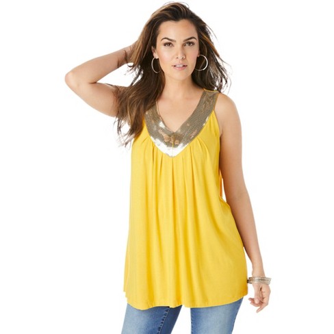 Roaman's Women's Plus Size Embellished Tank Top, 18/20 - Sunset Yellow ...