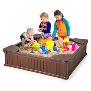 Kids Sandbox with Cover and 4 Corner Seats, 48.5" Outdoor Sand Pit with ...