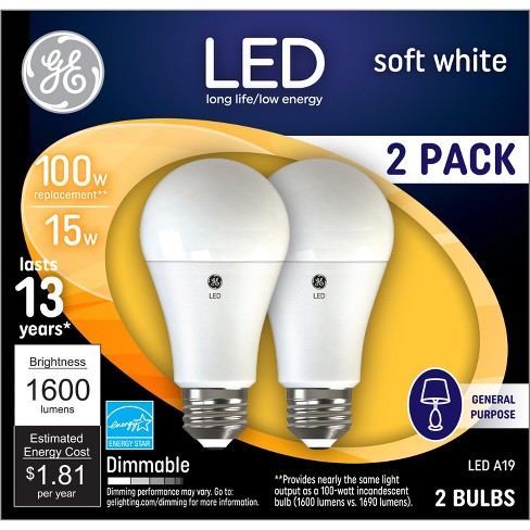 Ge 2pk 100w A19 Led Light Bulbs Soft White: Dimmable, 2700 Kelvin, 1600 ...