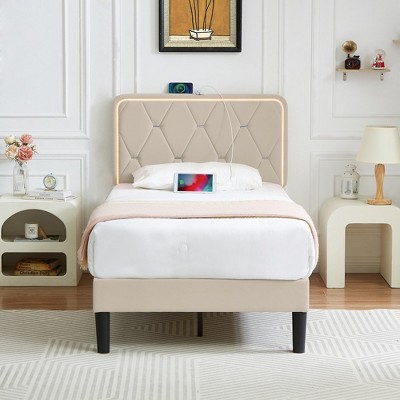 Vecelo Beige Upholstered Bed Wood And Metal Frame Twin Platform Bed ...