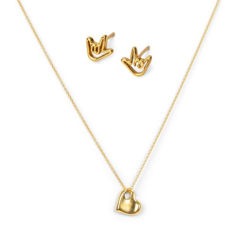 14k Gold Plated I Love You Stud Earrings And Necklace Set 2pc ...