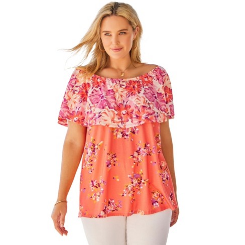 Woman Within Women's Plus Size Off Shoulder Ruffle Tee - 26/28, Sweet ...