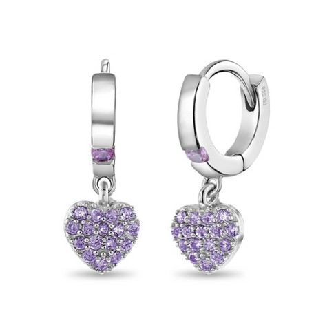 Girls' Pave Puffed Heart Hoop Sterling Silver Earrings - Purple - In ...