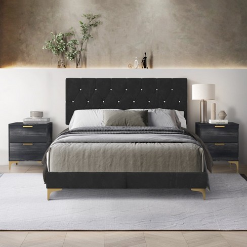 Casepiece Twin Size Upholstered Bed With 2 Nightstands In Black Velvet ...