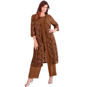Roaman's Women's Plus Size Three-piece Lace Duster & Pant Suit - 42 W ...