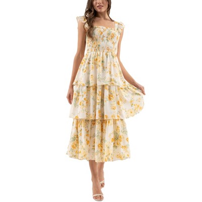 August Sky Women`s Smocked Tiered Dress_(rdc2013-c_dusty Yellow Multi ...