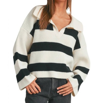 Women's Stripe Drop Shoulder With Wide Collar Sweater - Buttermelon ...