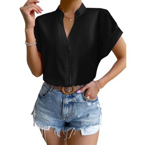 Women's Short Sleeve V Neck Button Down Shirt Business Casual Collared ...