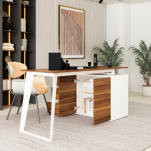Famapy L-shaped Desk With Drawers Corner Computer Desk White And Brown ...