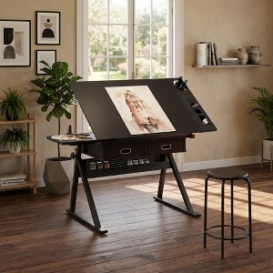 Adjustable Drawing Drafting Table with Stool and 2 Drawers for Home ...