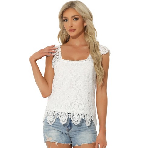 Allegra K Women's Lace Square Neck Flutter Sleeve Tank Top White Large ...