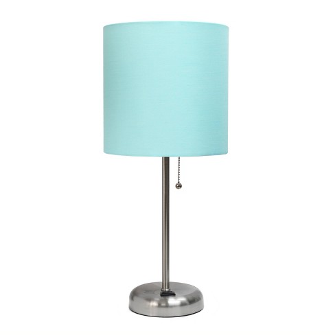 19.5" Bedside Power Outlet Base Metal Table Desk Lamp In Brushed Steel ...
