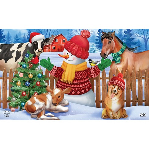 Barnyard Snowman Christmas Doormat Dog Horse Cow Calf 30" X 18 ...